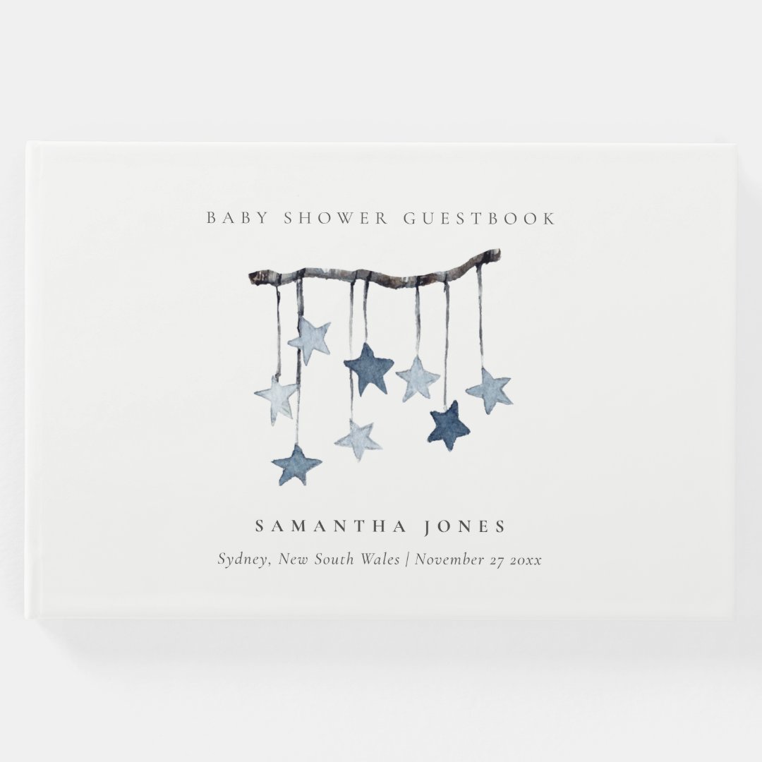 Cute Simple Aqua Blue Star Mobile Boy Baby Shower Guest Book | Zazzle