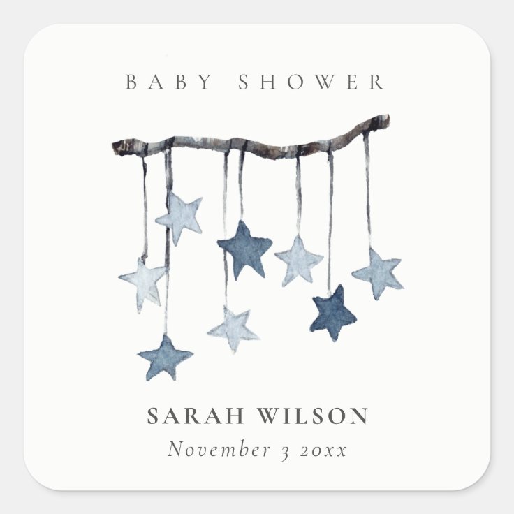 Cute Simple Aqua Blue Star Mobile Boy Baby Shower Square Sticker | Zazzle