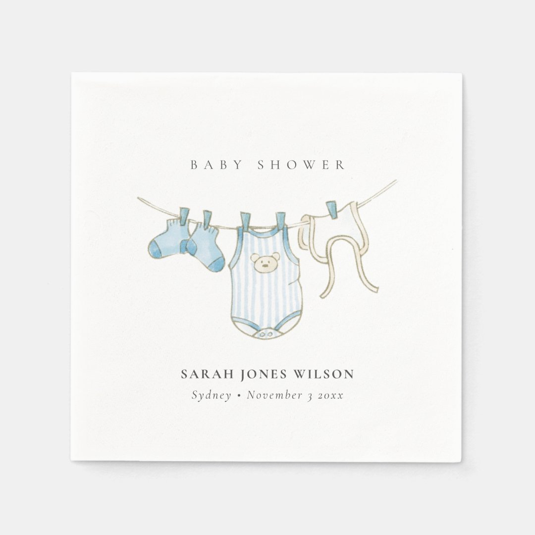Cute Simple Blue Baby Boy Clothesline Baby Shower Napkins | Zazzle