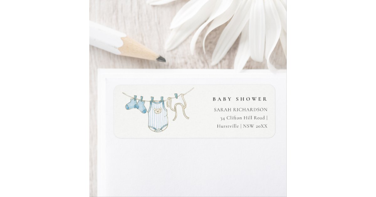 Cute Simple Blue Clothesline Baby Shower Address Label | Zazzle