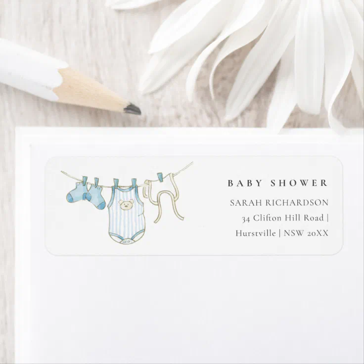 Cute Simple Blue Clothesline Baby Shower Address Label | Zazzle
