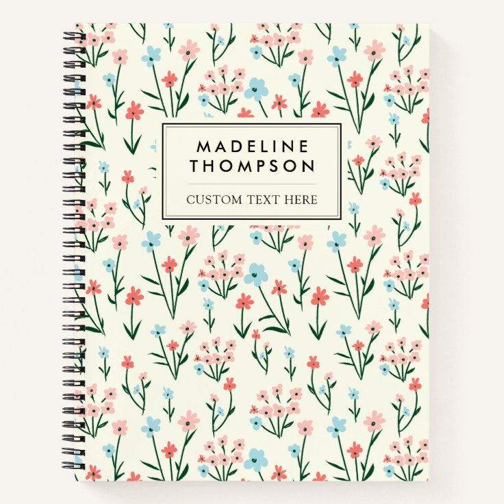 Cute Simple Botanical Pink Blue Flower Floral Notebook | Zazzle