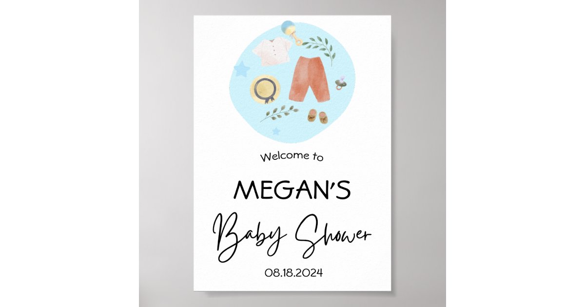 Cute Simple Clothes Blue Baby Shower Welcome Poster | Zazzle