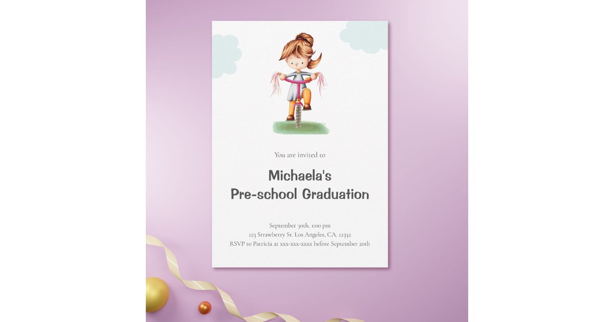 Cute Simple Girl Preschool Graduation Invitation | Zazzle