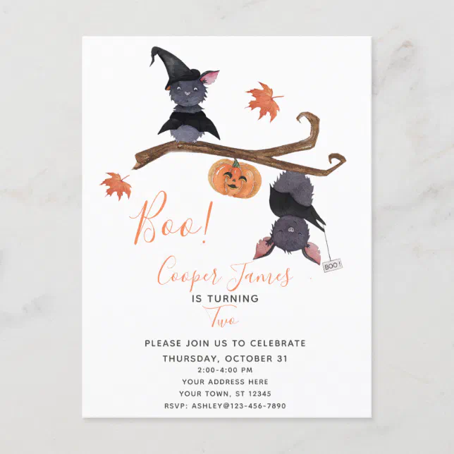Cute Simple Halloween Bats Child's 2nd Birthday Invitation Postcard ...