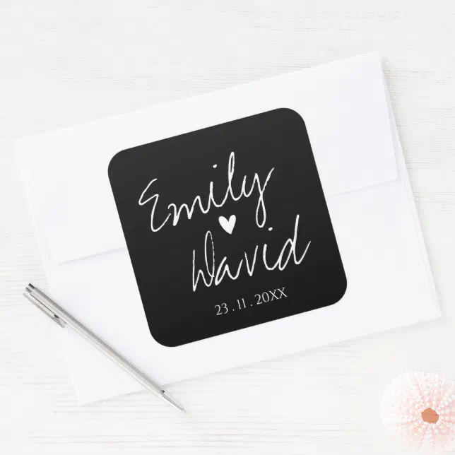 Cute Simple Minimalist Black and White Wedding Squ Square Sticker | Zazzle