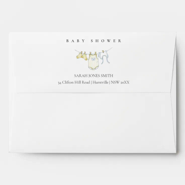 Cute Simple Yellow Baby Clothesline Baby Shower Envelope | Zazzle