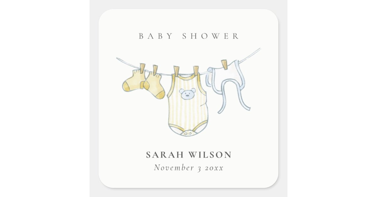 Cute Simple Yellow Baby Clothesline Baby Shower Square Sticker | Zazzle