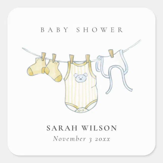 Cute Simple Yellow Baby Clothesline Baby Shower Square Sticker | Zazzle