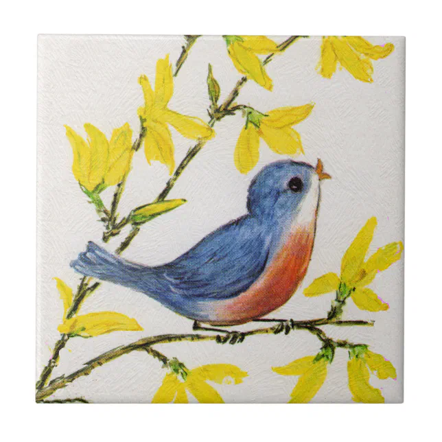Cute Singing Blue Bird Tree Branch Tile | Zazzle