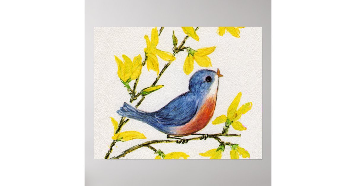 Cute Singing Blue Bird Tree Poster | Zazzle