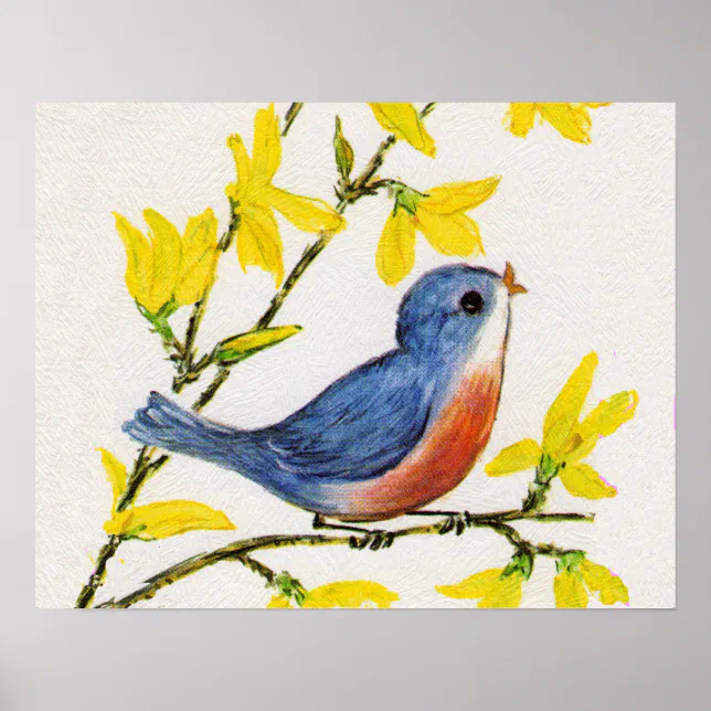 Cute Singing Blue Bird Tree Poster | Zazzle