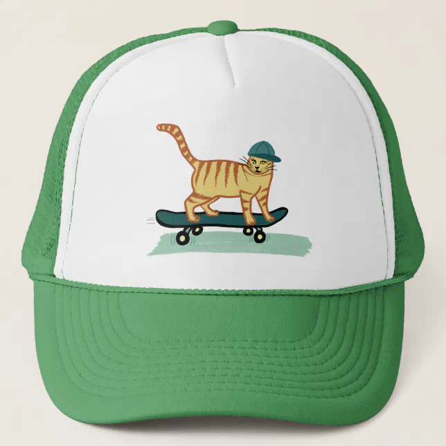 Cute Skateboarding Tabby Cat Trucker Hat | Zazzle