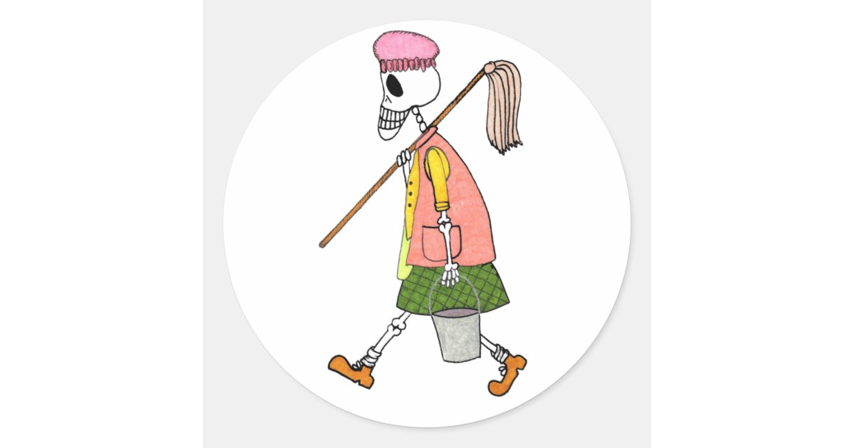 Cute Skeleton Cleaning Woman Mop & Pail Classic Round Sticker | Zazzle