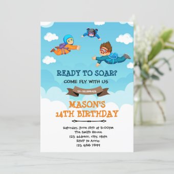 Cute skydiving fly birthday party invitation | Zazzle