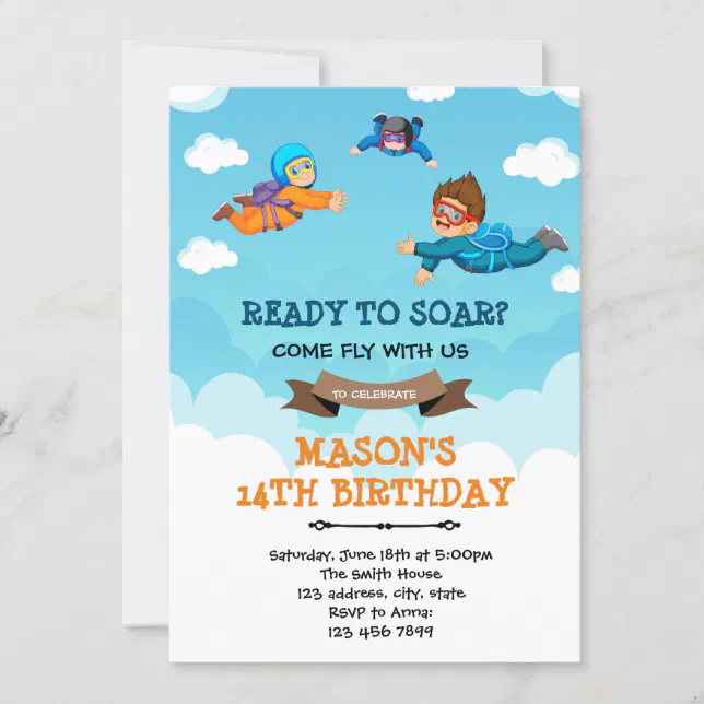 Cute skydiving fly birthday party invitation | Zazzle