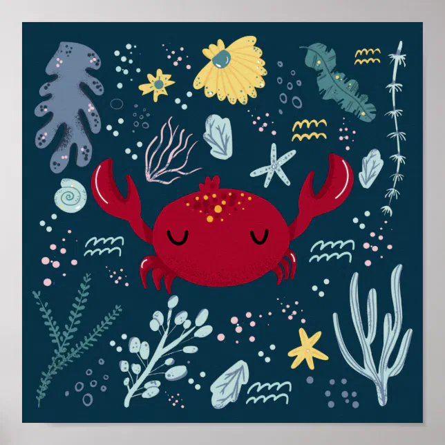 Cute Sleeping Crab Underwater Doodle Poster | Zazzle