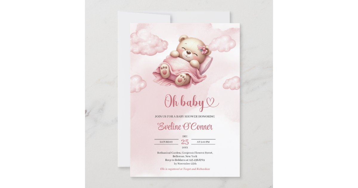 Cute sleeping teddy bear in pink sky and clouds invitation | Zazzle