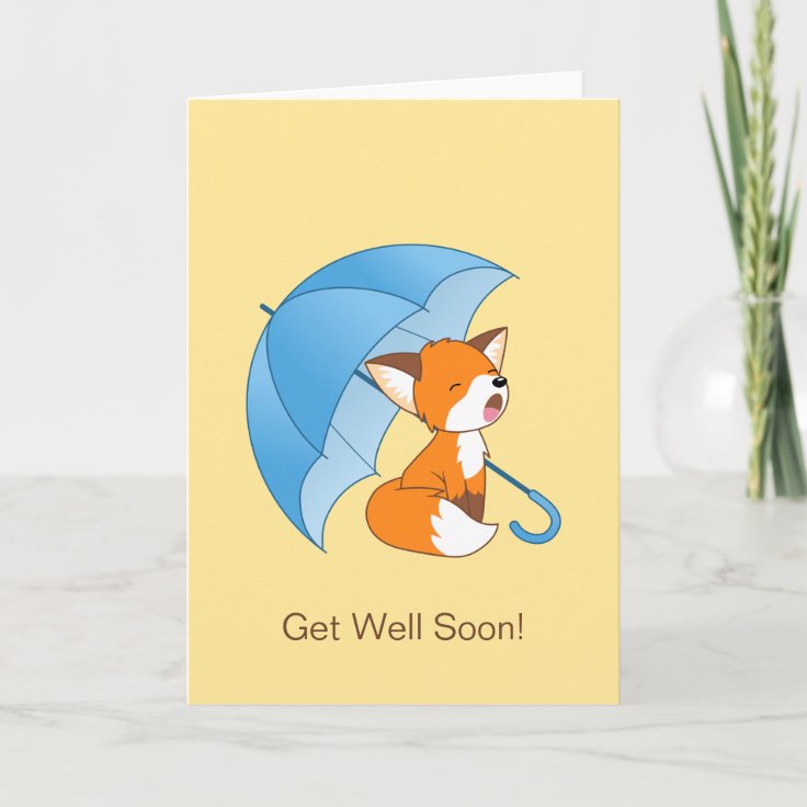 Cute Sleepy Little Fox Umbrella Get Well Soon Card | Zazzle