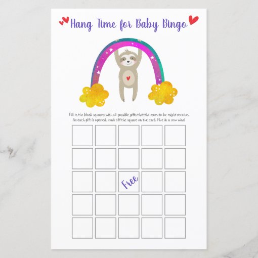 Cute Sloth and Rainbow Baby Shower Bingo Game Card | Zazzle