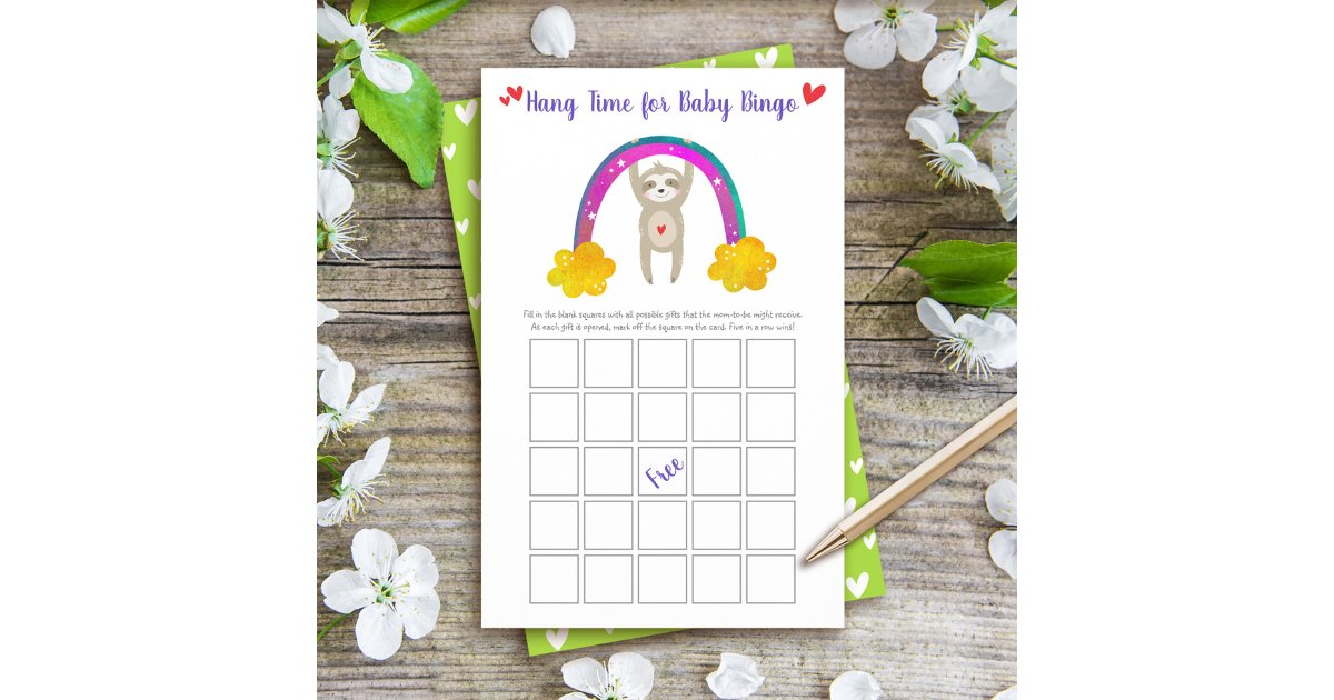 Cute Sloth and Rainbow Baby Shower Bingo Game Card | Zazzle