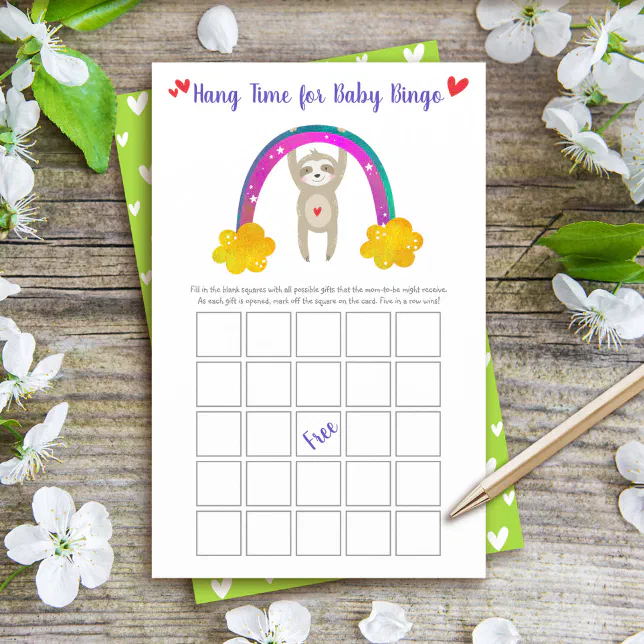Cute Sloth and Rainbow Baby Shower Bingo Game Card | Zazzle