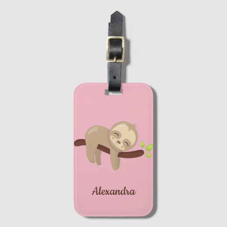 Cute Sloth Animal Illustration on Pink Monogrammed Luggage Tag | Zazzle