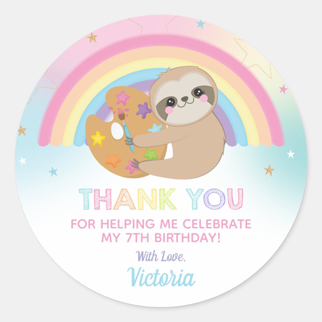 Cute Sloth Art Party Birthday Thank You Favor Classic Round Sticker ...