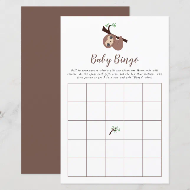 Cute Sloth Baby Shower Game Bingo Brown Kawaii | Zazzle