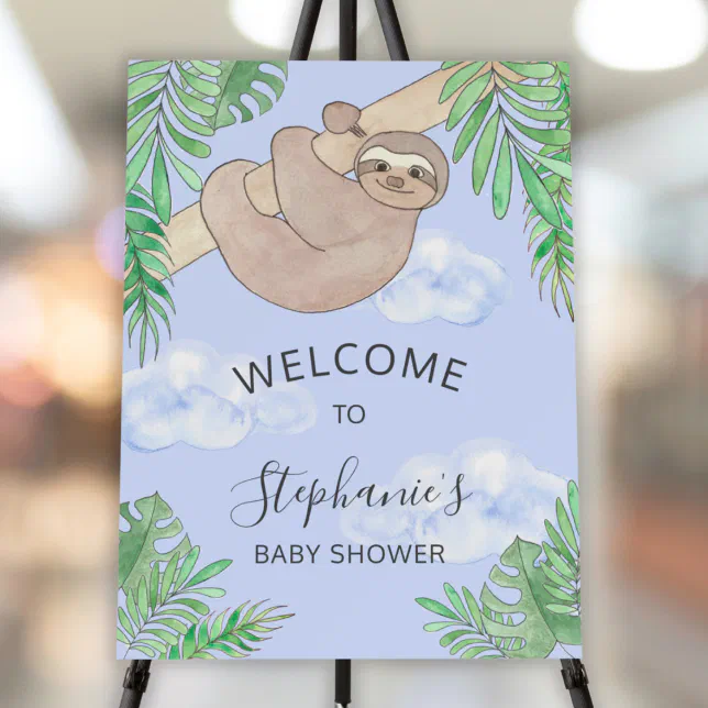 Cute Sloth Blue Baby Shower Welcome Sign | Zazzle