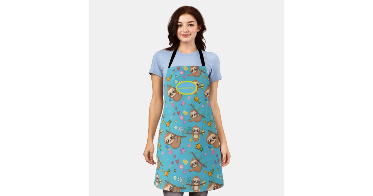 Cute Sloth Blue Pattern | Add Your Text Template Apron | Zazzle