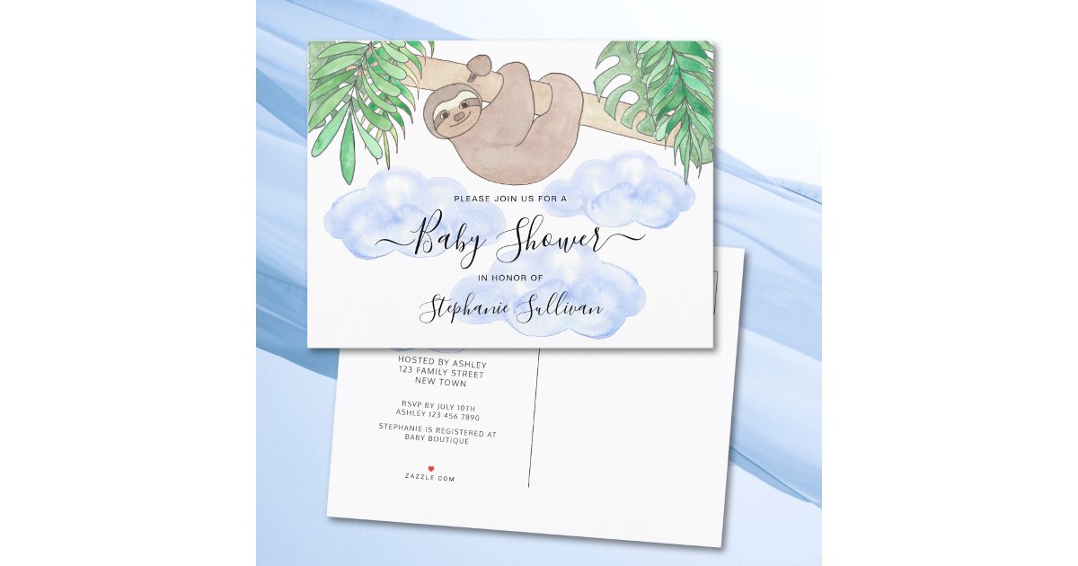 Cute Sloth Boy's Baby Shower Invitation Postcard | Zazzle