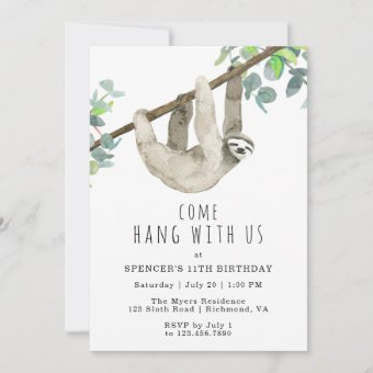 Cute Sloth | Come Hang | Funny Kids Birthday Party Invitation | Zazzle