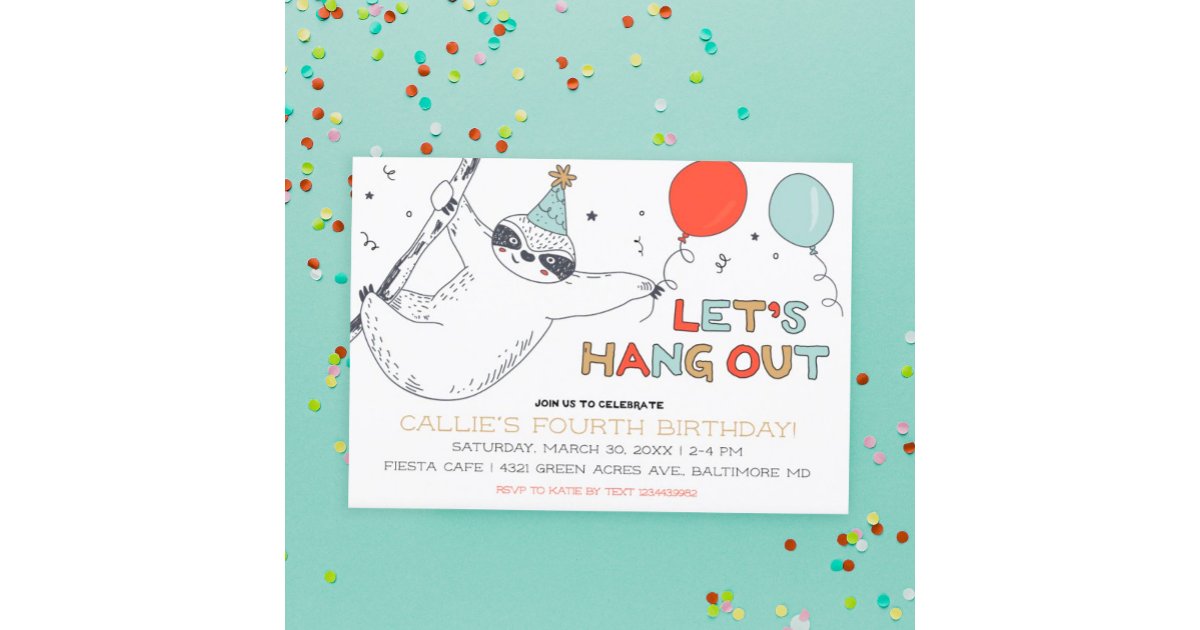 Cute Sloth Let's Hang Out Birthday Invitation | Zazzle