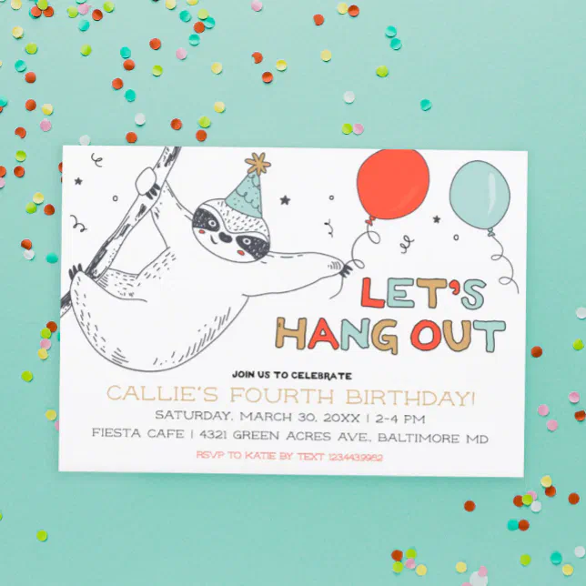 Cute Sloth Let's Hang Out Birthday Invitation | Zazzle