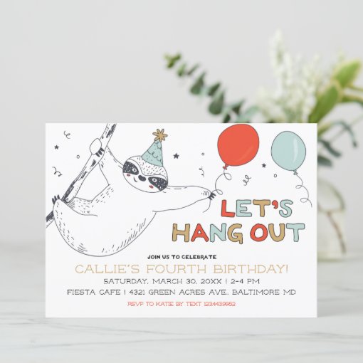 Cute Sloth Let's Hang Out Birthday Invitation | Zazzle