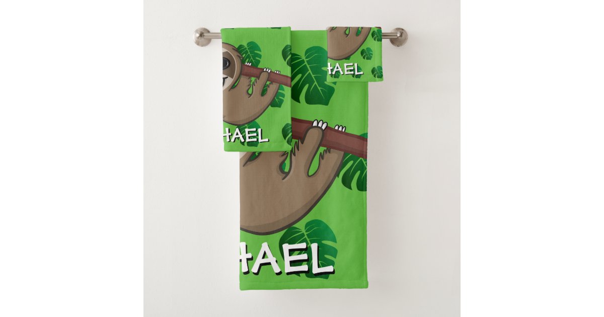 Cute Sloth Safari Green Cartoon Jungle Name Bath Towel Set | Zazzle