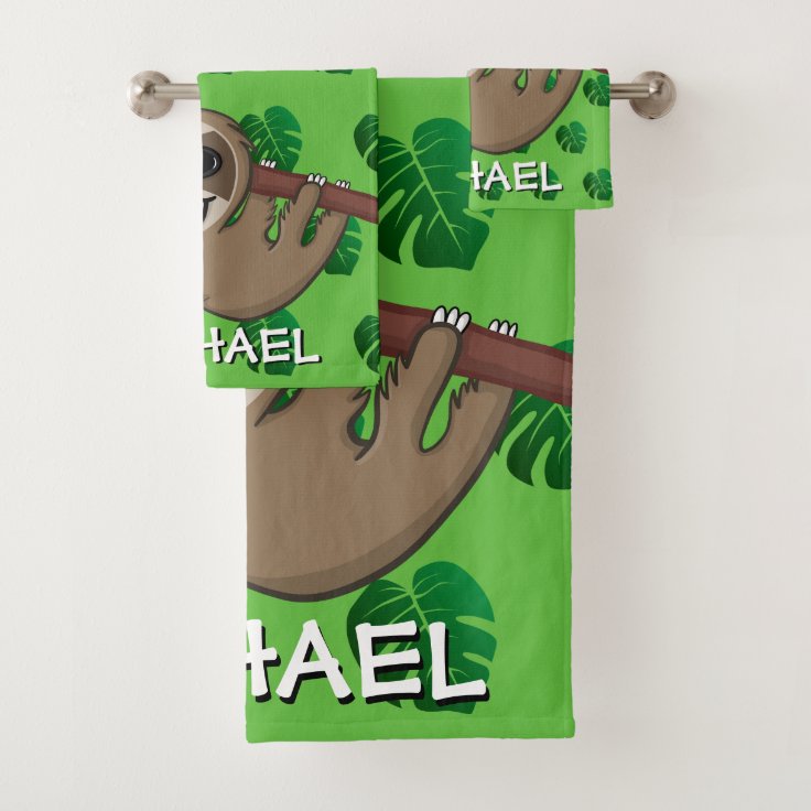 Cute Sloth Safari Green Cartoon Jungle Name Bath Towel Set | Zazzle