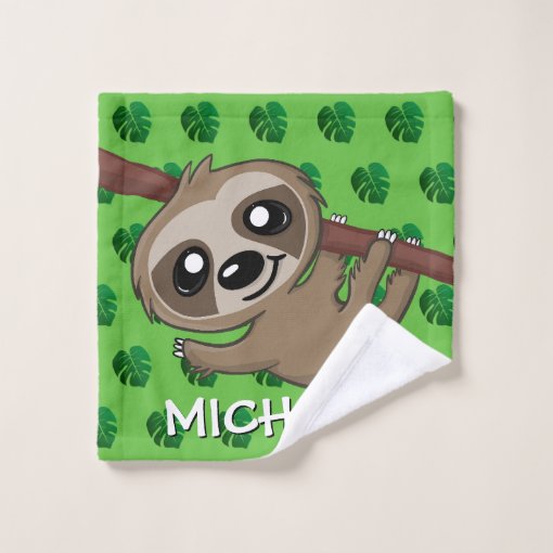 Cute Sloth Safari Green Cartoon Jungle Name Bath Towel Set | Zazzle