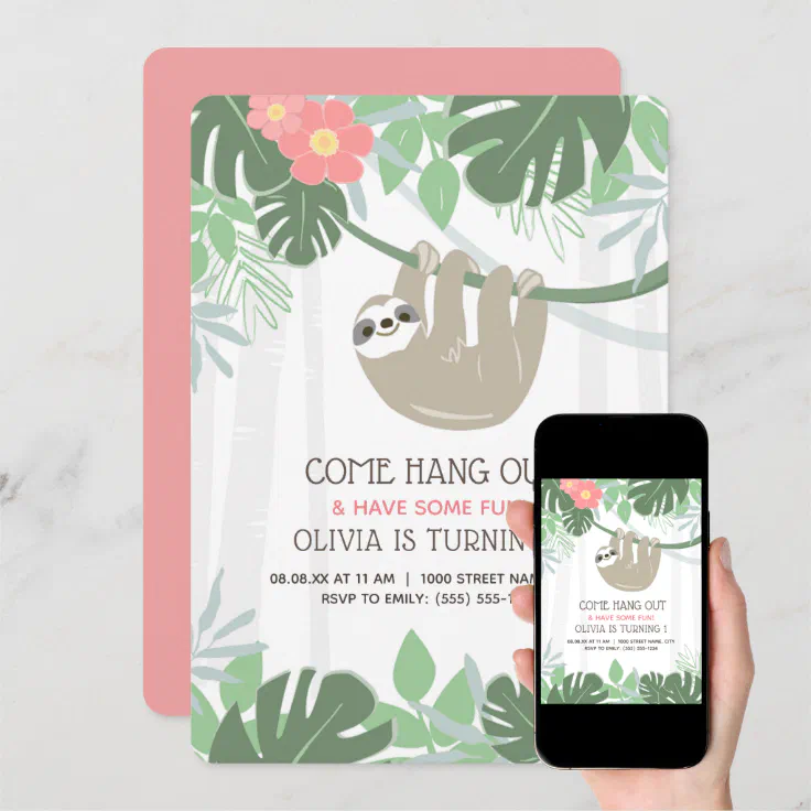 Cute Sloth Tropical Palm Leaves Birthday Invitation | Zazzle