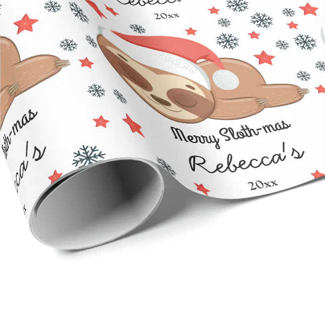Cute Sloths Merry Sloth-mas Christmas, Custom Name Wrapping Paper | Zazzle