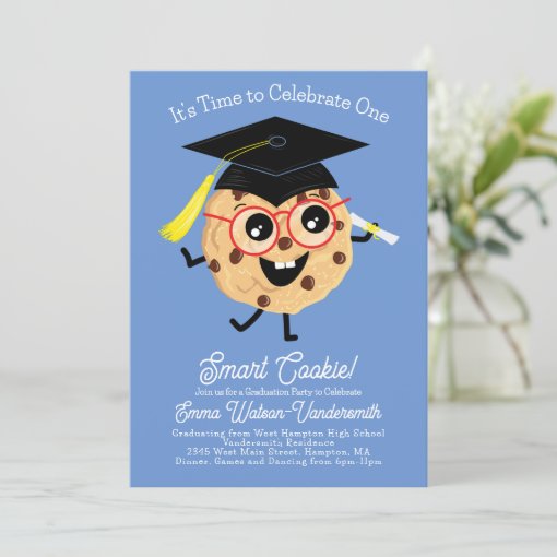 Cute Smart Cookie Graduation Party Cartoon Blue Invitation | Zazzle