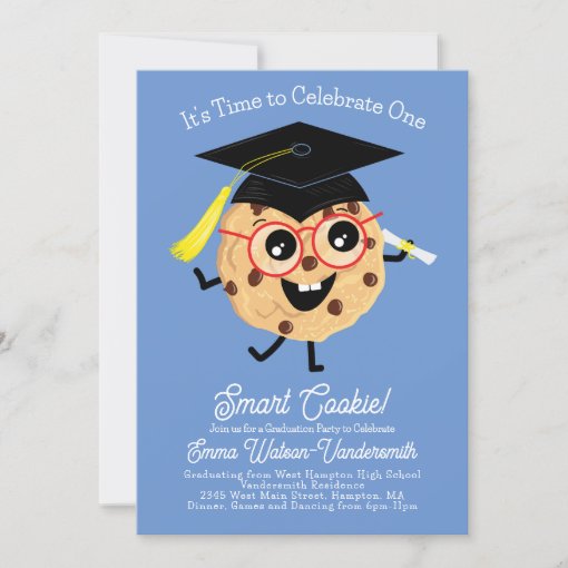 Cute Smart Cookie Graduation Party Cartoon Blue Invitation | Zazzle