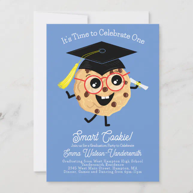 Cute Smart Cookie Graduation Party Cartoon Blue Invitation | Zazzle