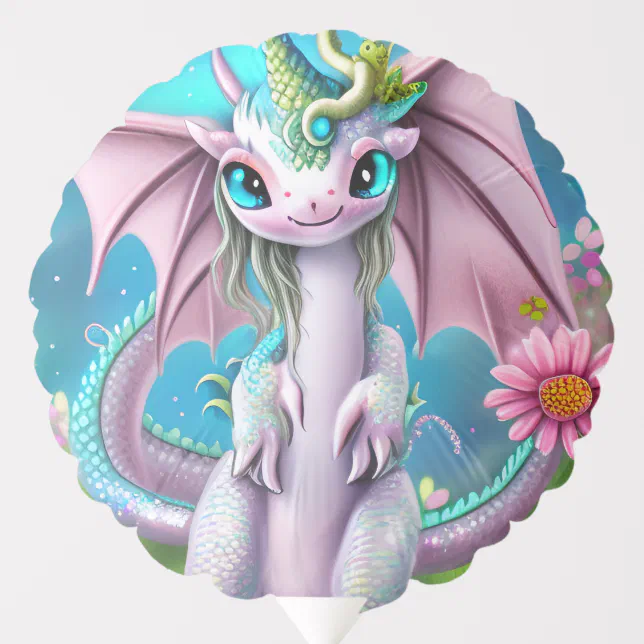 Cute Smiling Baby Dragon with Flowers Balloon | Zazzle