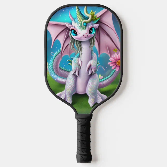 Cute Smiling Baby Dragon with Flowers Poster Pickleball Paddle | Zazzle