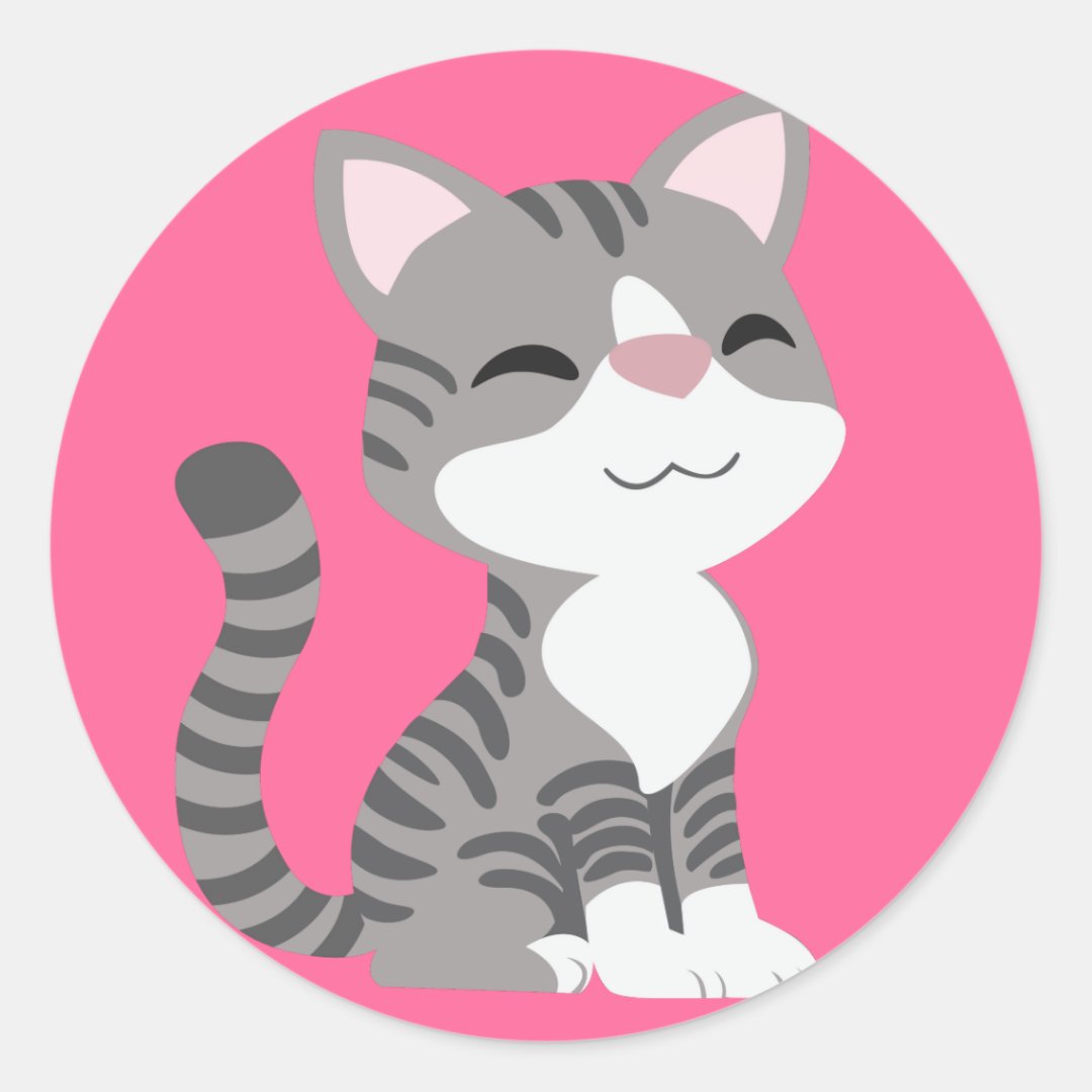 Cute Smiling Gray Tabby Cat Classic Round Sticker | Zazzle