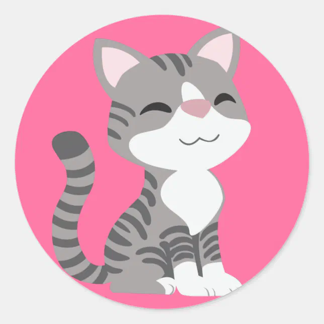 Cute Smiling Gray Tabby Cat Classic Round Sticker | Zazzle