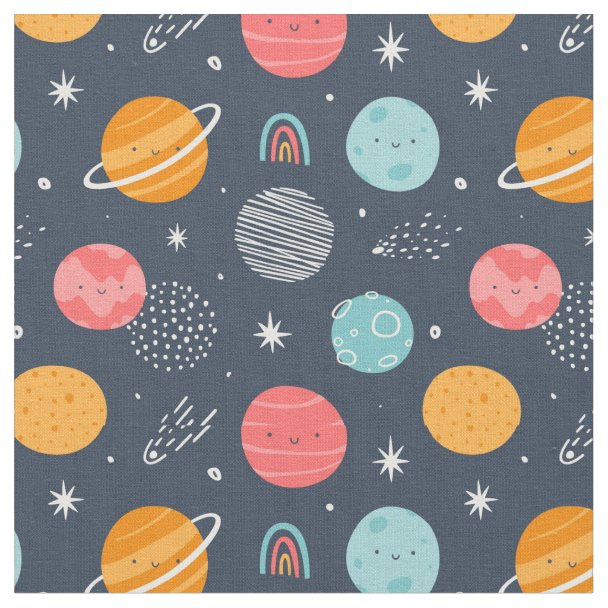 Cute Smiling Planet Pattern Fabric | Zazzle