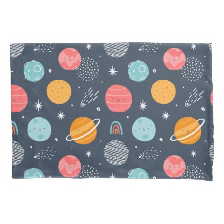 Cute Smiling Planet Pattern Fabric | Zazzle